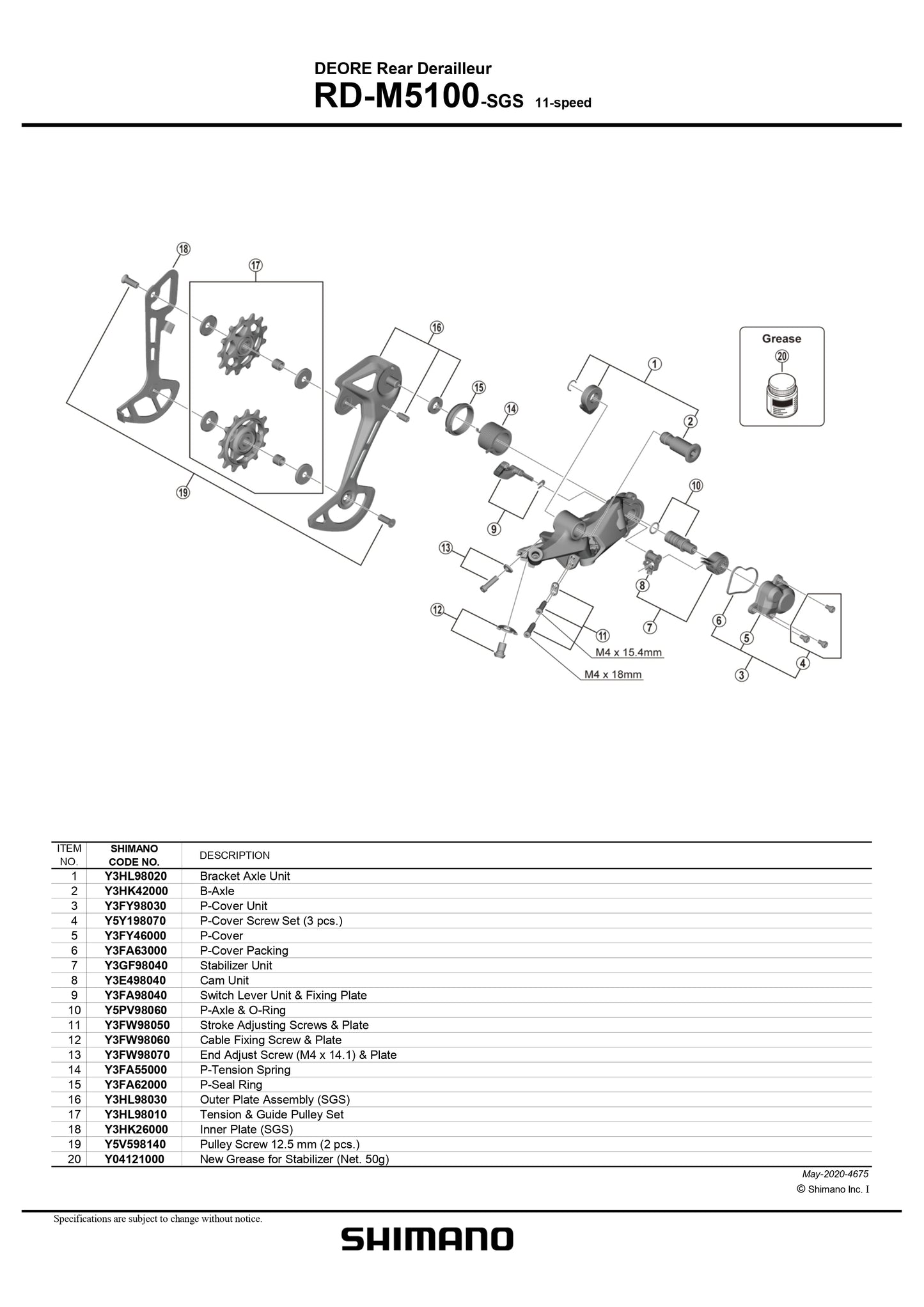 SHIMANO Deore RD-M5100-SGS Long Cage Rear Derailleur 12-Speed Inner ...