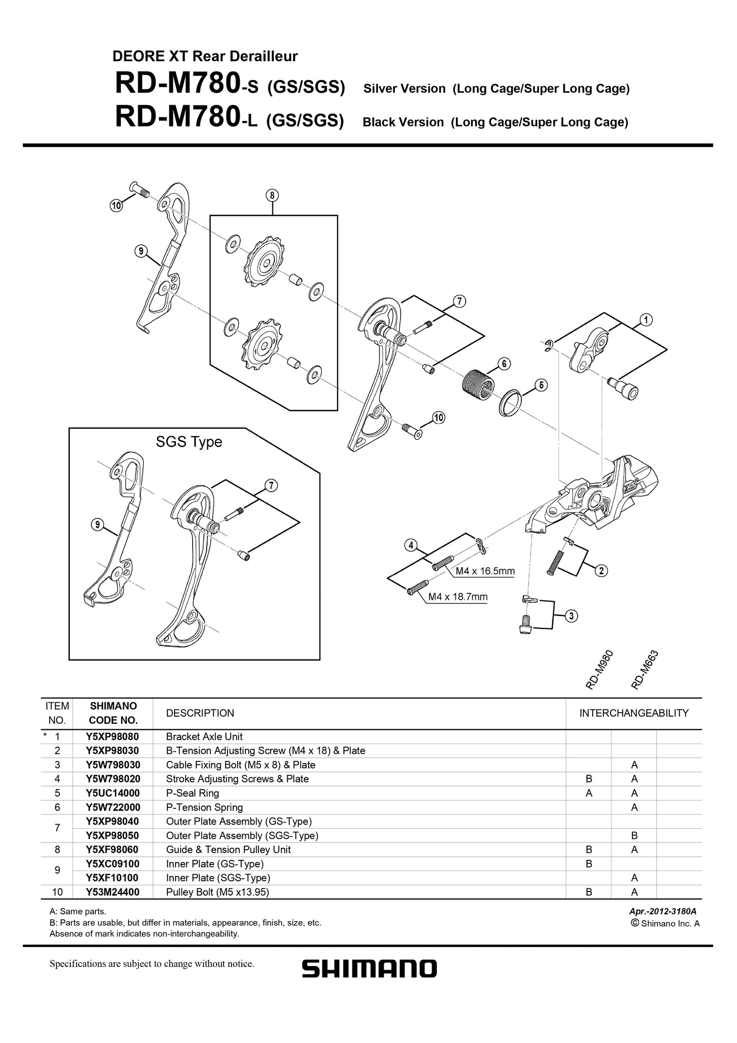 SHIMANO Deore XT RD-M780 Rear Derailleur SGS-Type Outer Plate Assembly ...