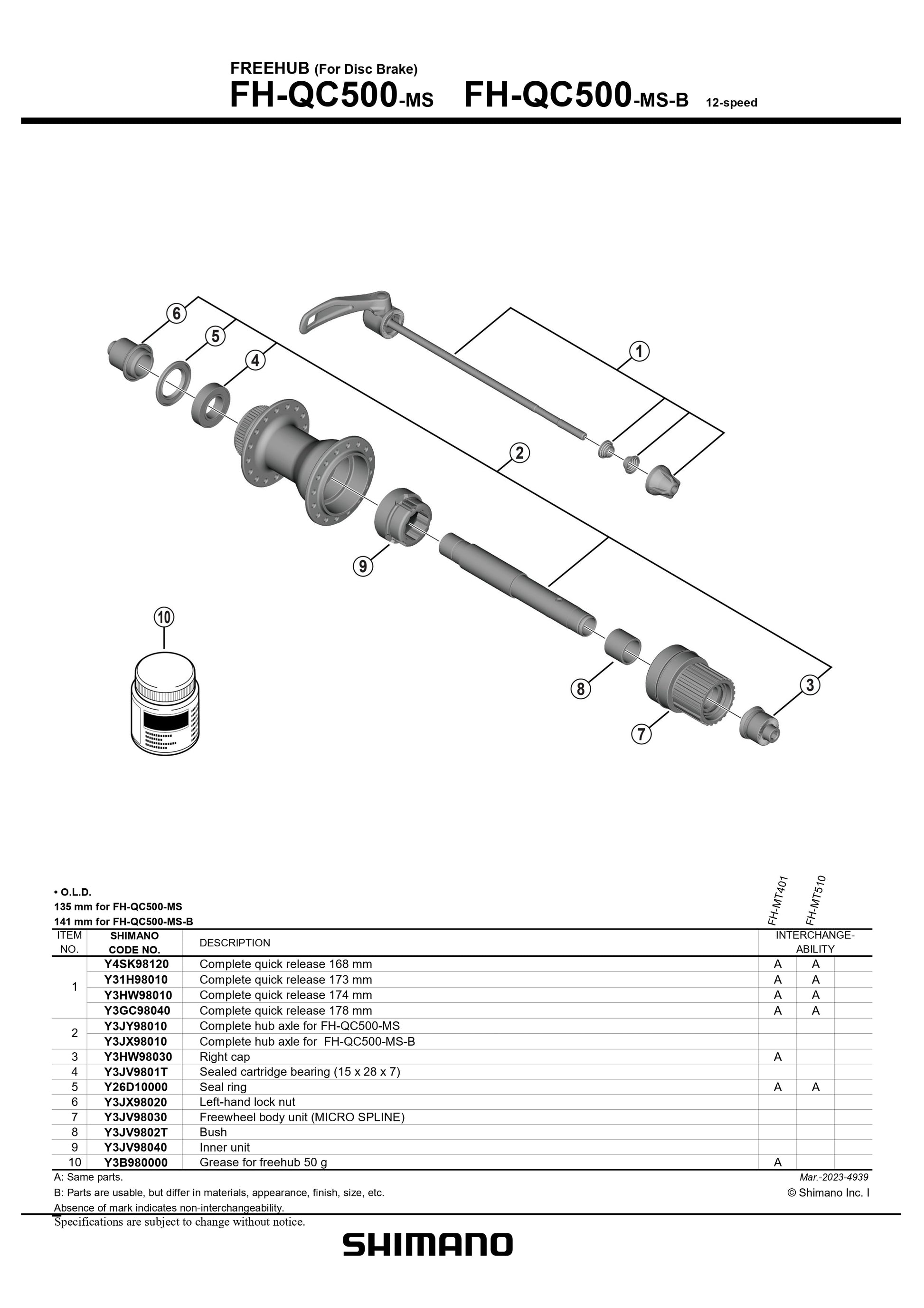 SHIMANO FH-QC500-MS-B Freehub Complete Hub Axle - Y3JX98010 – Pit Crew ...