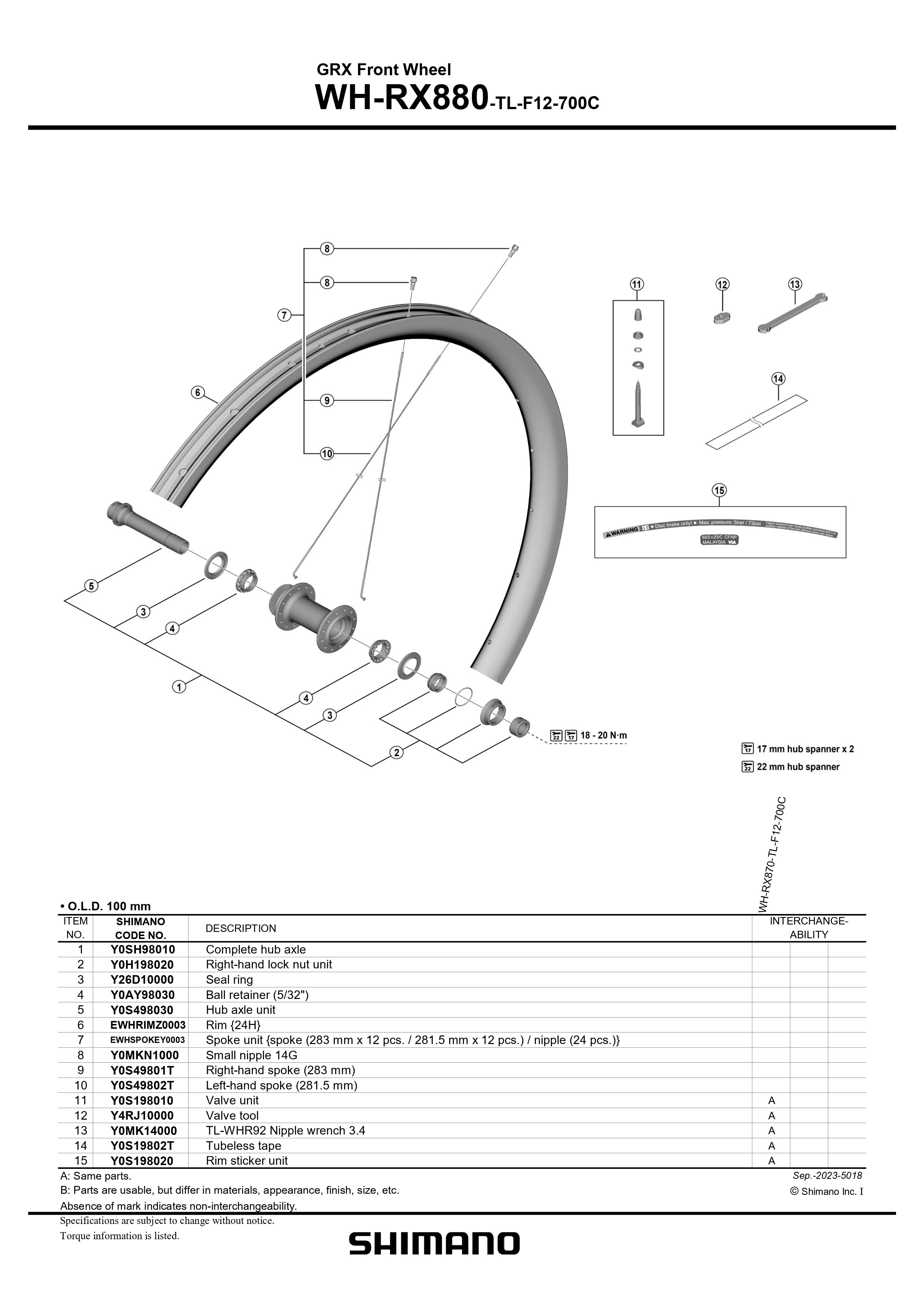 SHIMANO GRX WH-RX880-TL-F12 Front Wheel Complete Hub Axle - Y0SH98010 ...