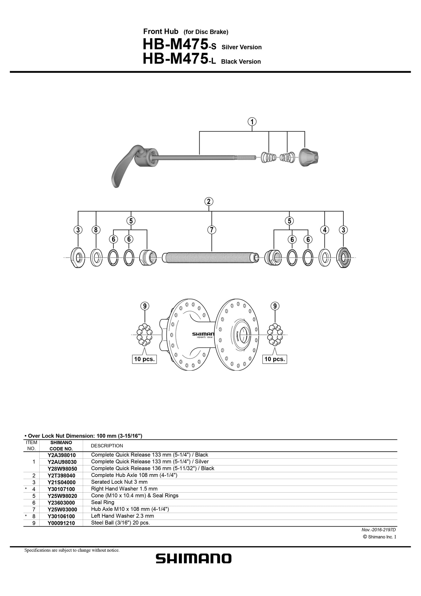 SHIMANO HB-M475 Front Hub for Disc Brake Complete Hub Axle - 108mm ...