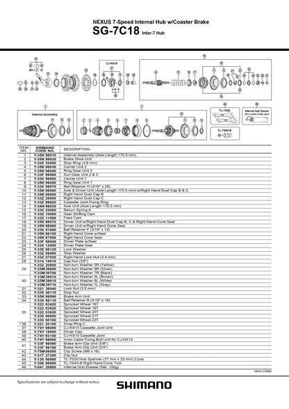 SHIMANO Nexus SG-7C18 Internal Hub 7-Speed Right Hand Cone with Seal - – Pit Crew Cycles