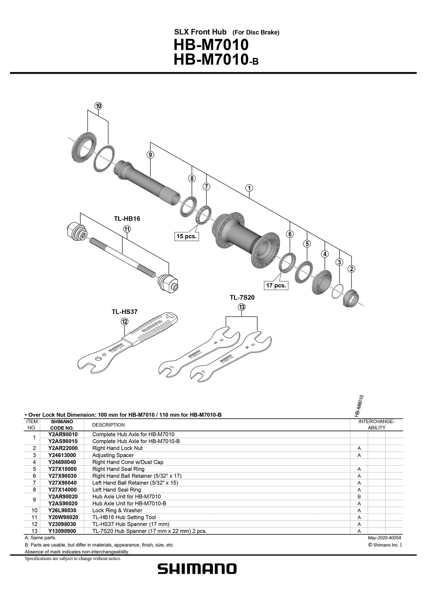 SHIMANO SLX HB-M7010 Front Hub For Disc Brake Complete Hub Axle - – Pit ...