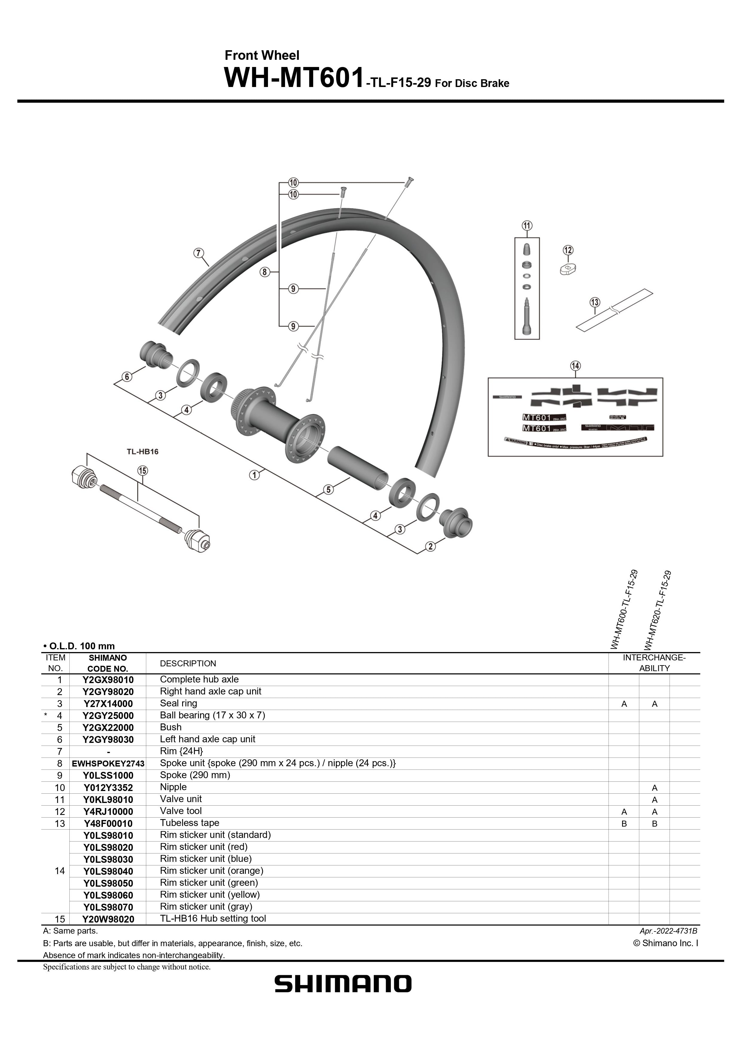 SHIMANO WH-MT601-TL-F15-29 Front Wheel For Disc Brake Spoke 290mm ...