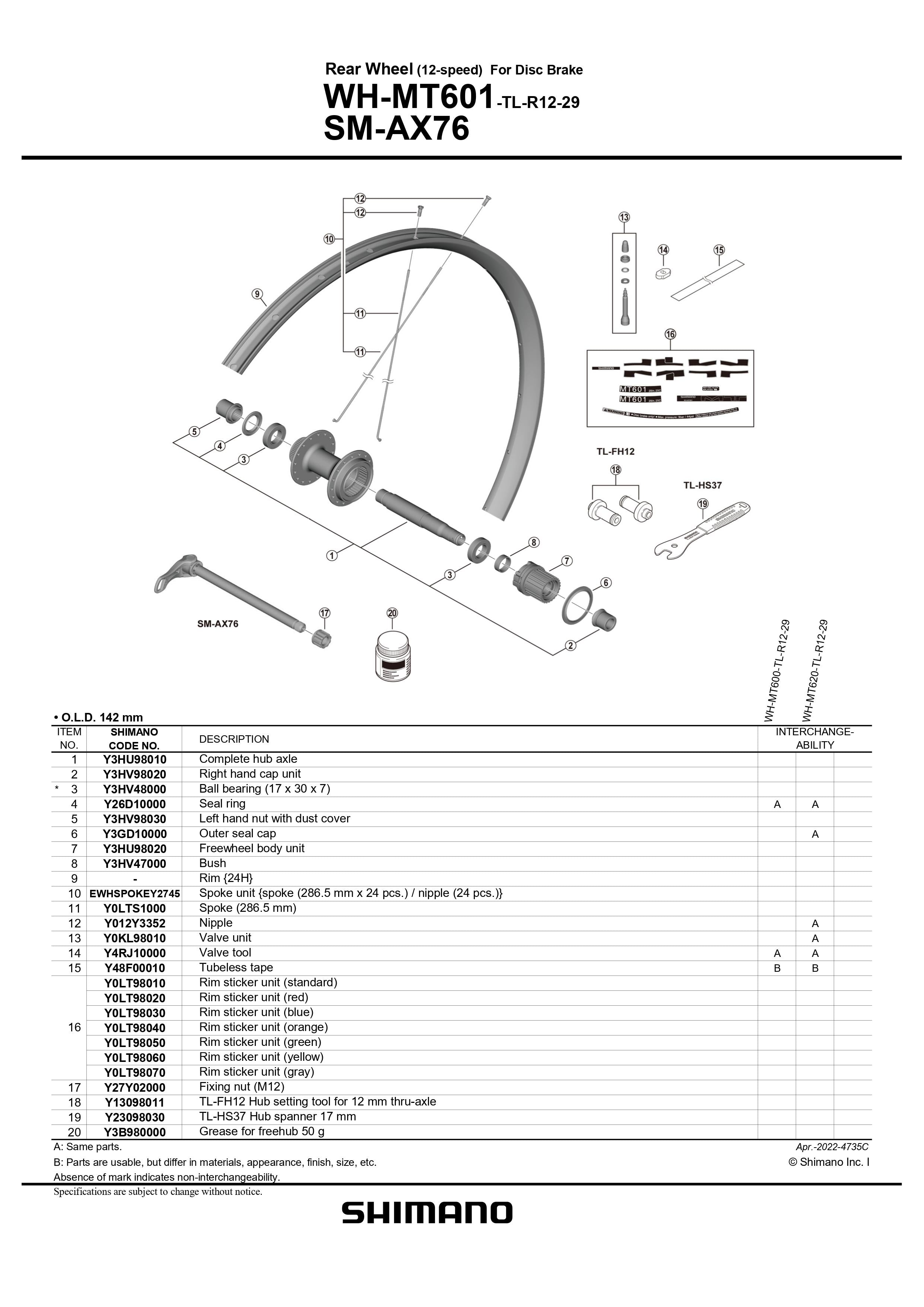 SHIMANO WH-MT601-TL-R12-29 Rear Wheel For Disc Brake Spoke 286.5mm ...