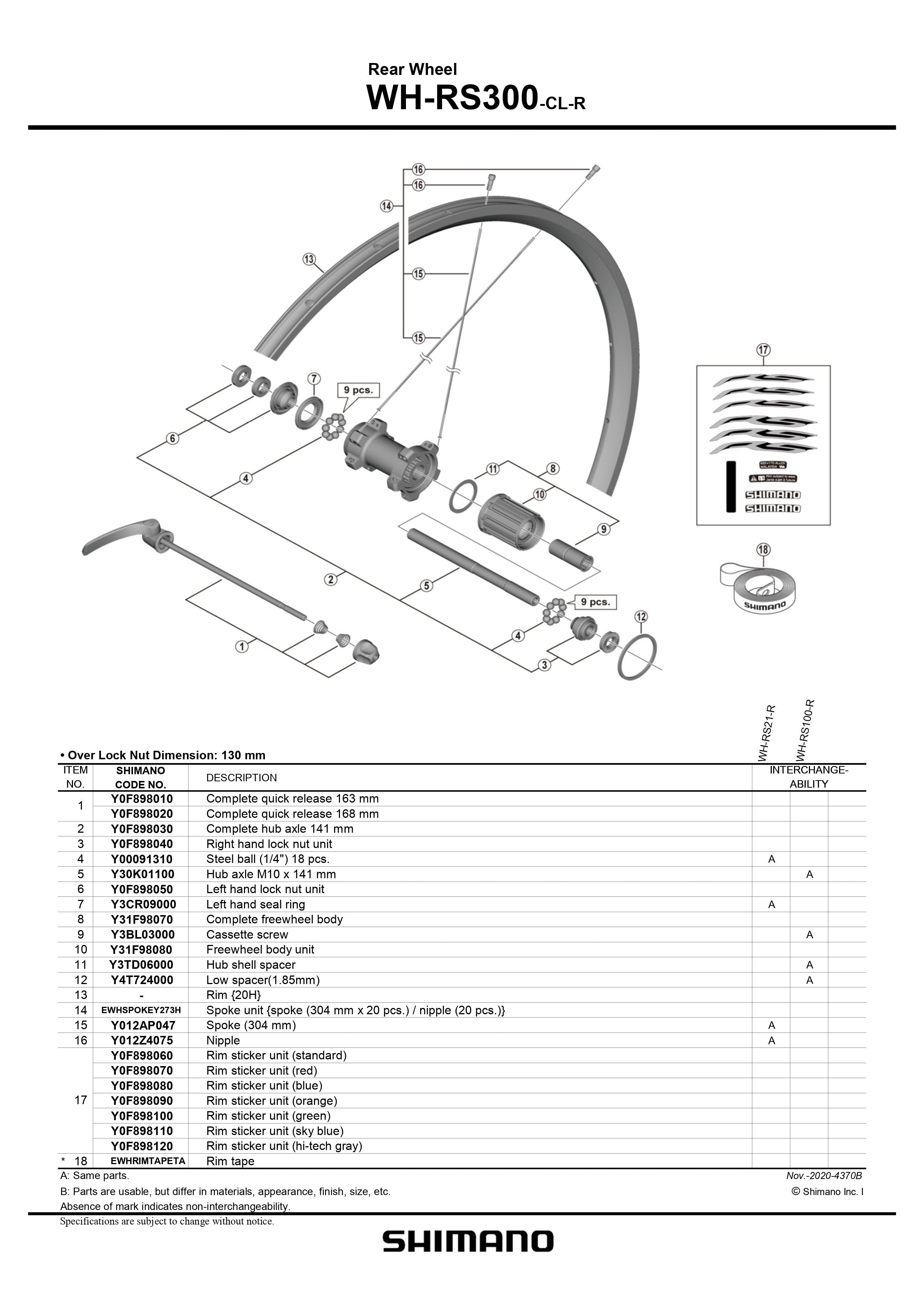 SHIMANO WH-RS300-CL-R Rear Wheel Complete hub axle 141mm - Y0F898030 ...