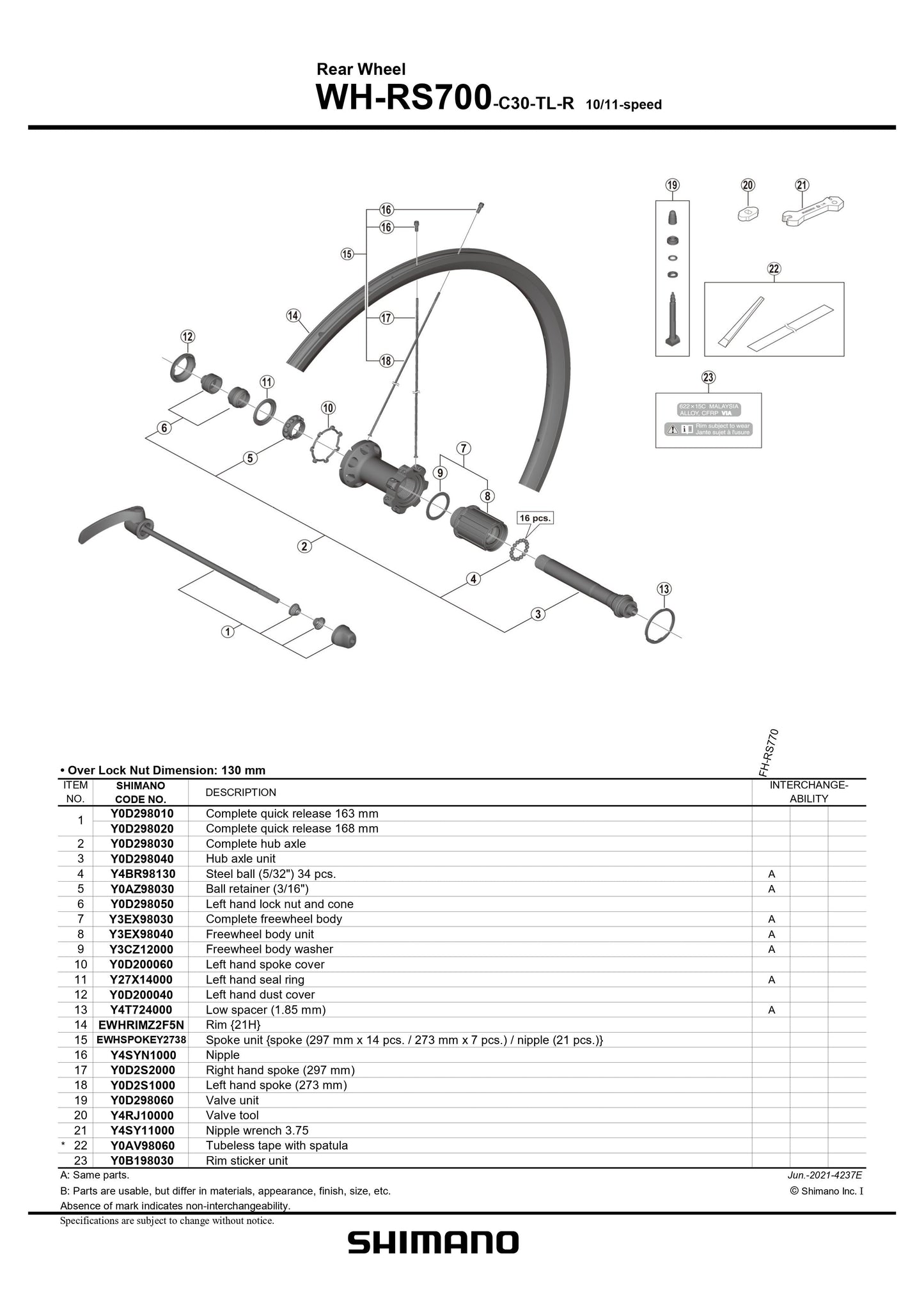 SHIMANO WH-RS700-C30-TL-R Rear Wheel Complete hub axle - 10/11-speed ...