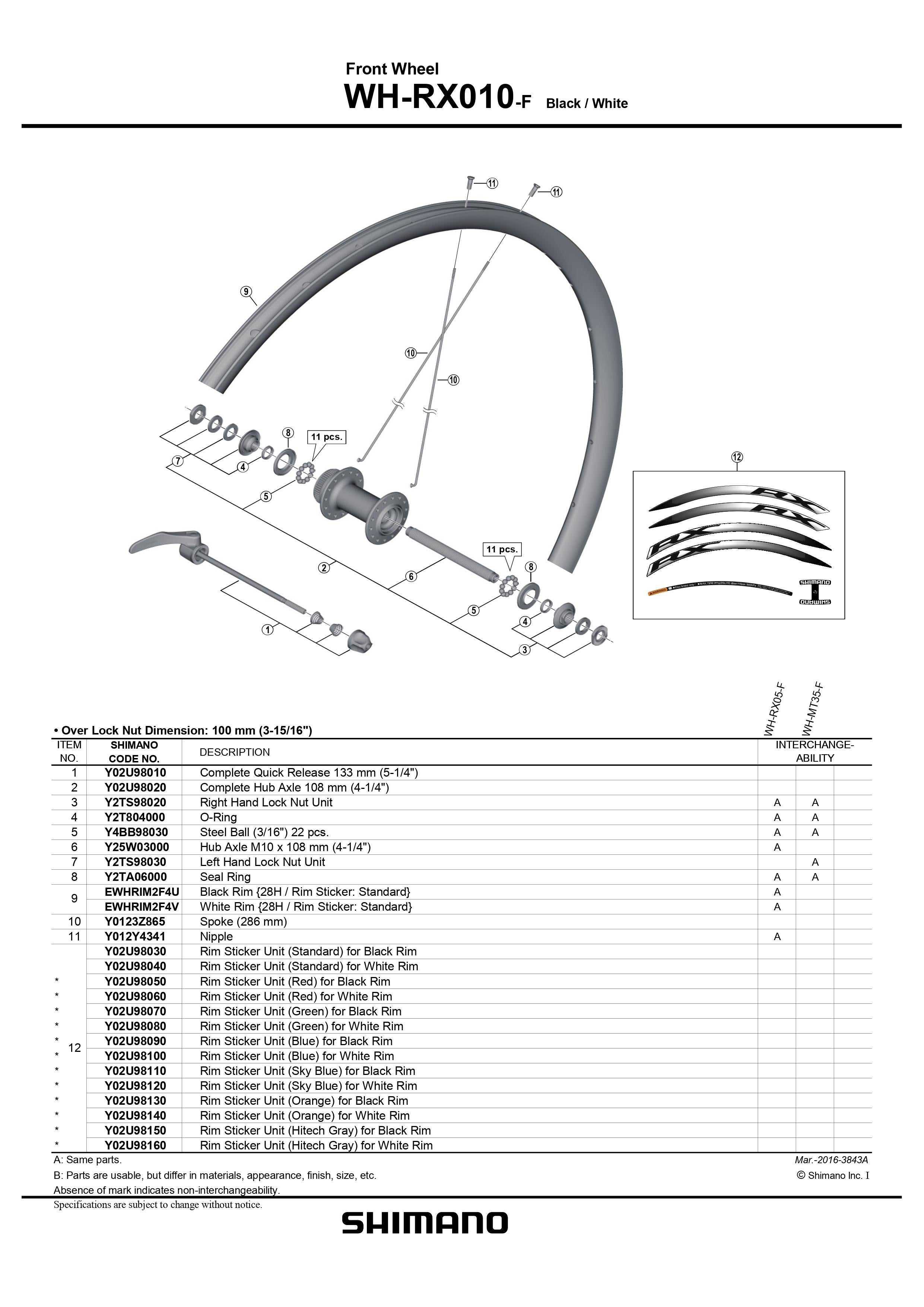 SHIMANO WH-RX010-F Front Wheel Black / White Complete Hub Axle 108mm ...