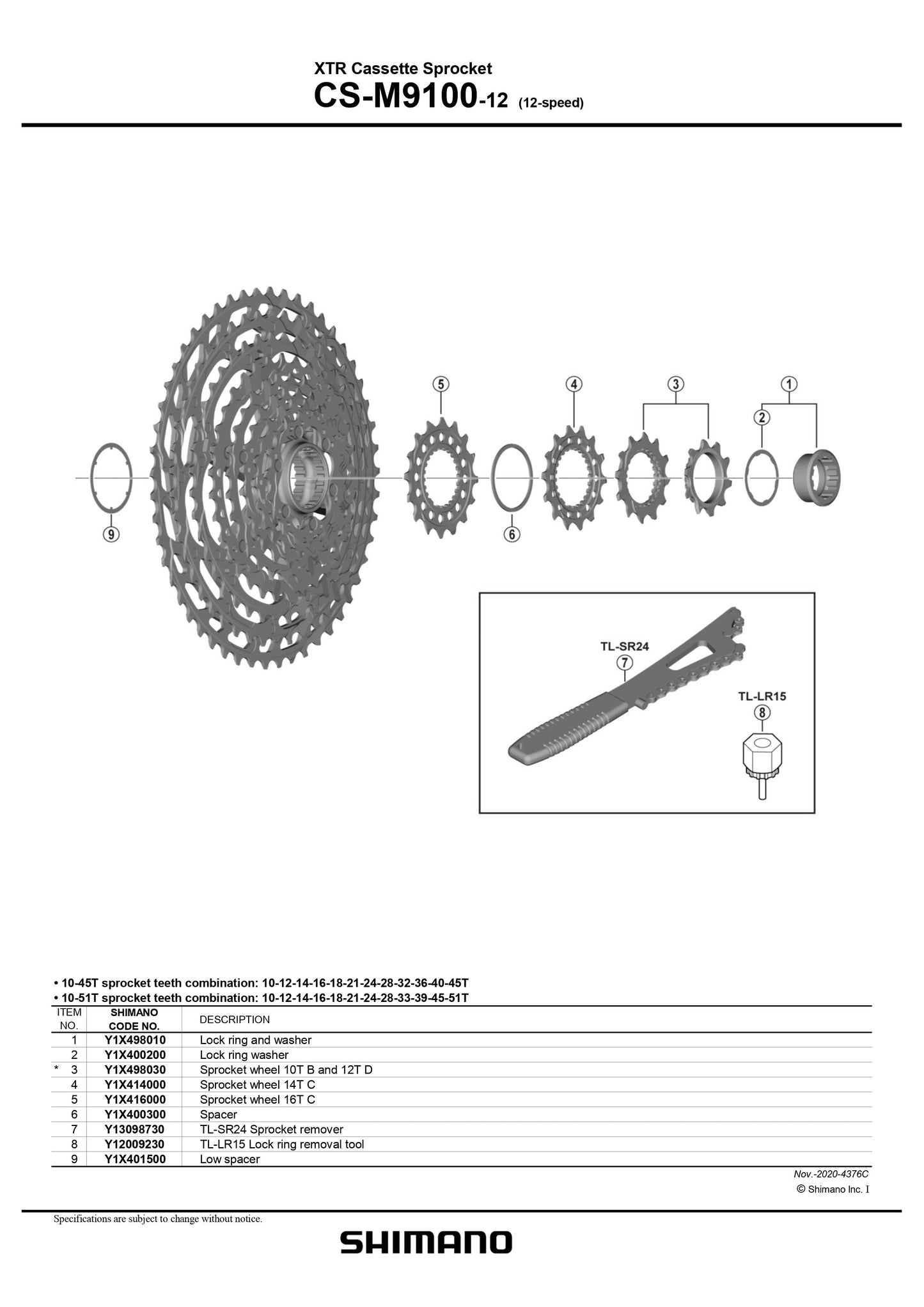 SHIMANO XTR CS-M9100-12 Cassette Sprocket wheel 10T B and 12T D - – Pit ...